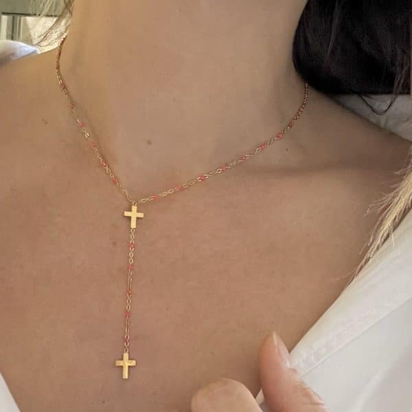 Collier DOUBLE CROIX - Doré en acier inoxydable - La Boutique de Cha
